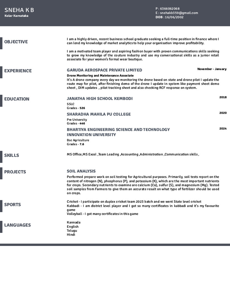 Sneha Resume | PDF | Soil | Agriculture