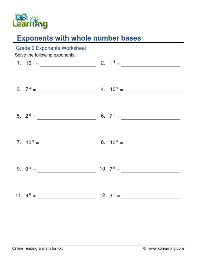 Grade 6 Exponents Worksheet - Exponents With Whole Number Bases | PDF ...