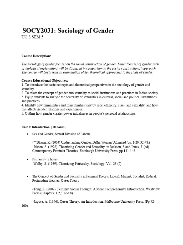 SOCY2031 Detailed Syllabus Outline | PDF | Gender | Gender Studies