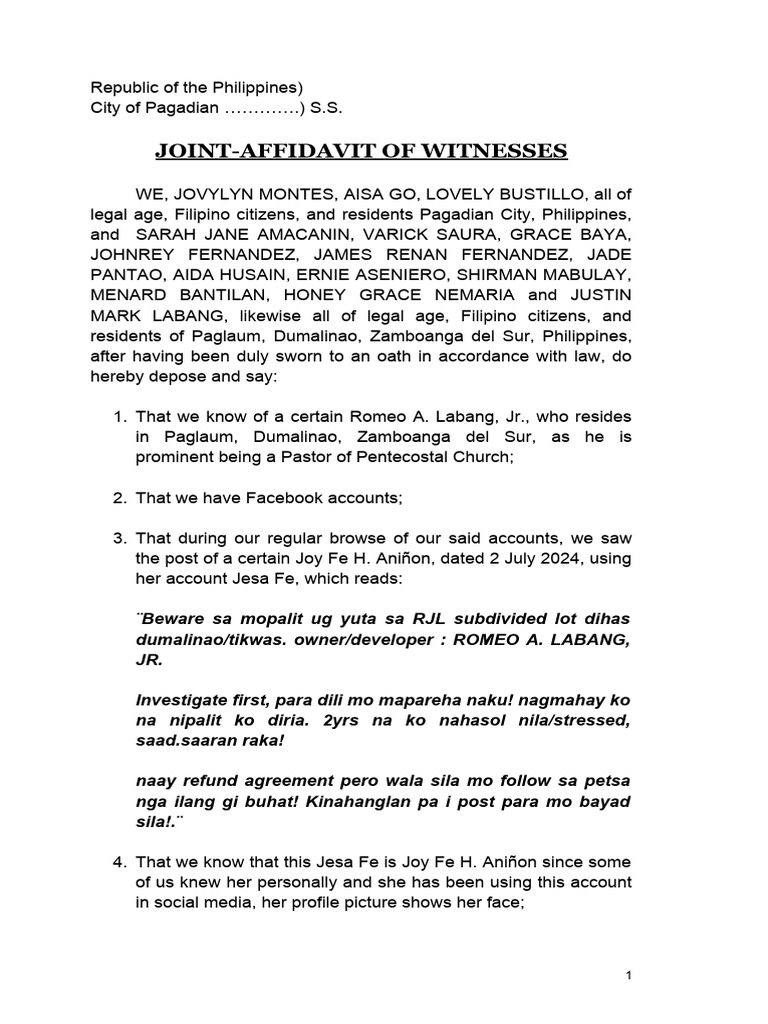 Affidavit Supporting Pastor Labang | PDF | Affidavit | Civil Law ...