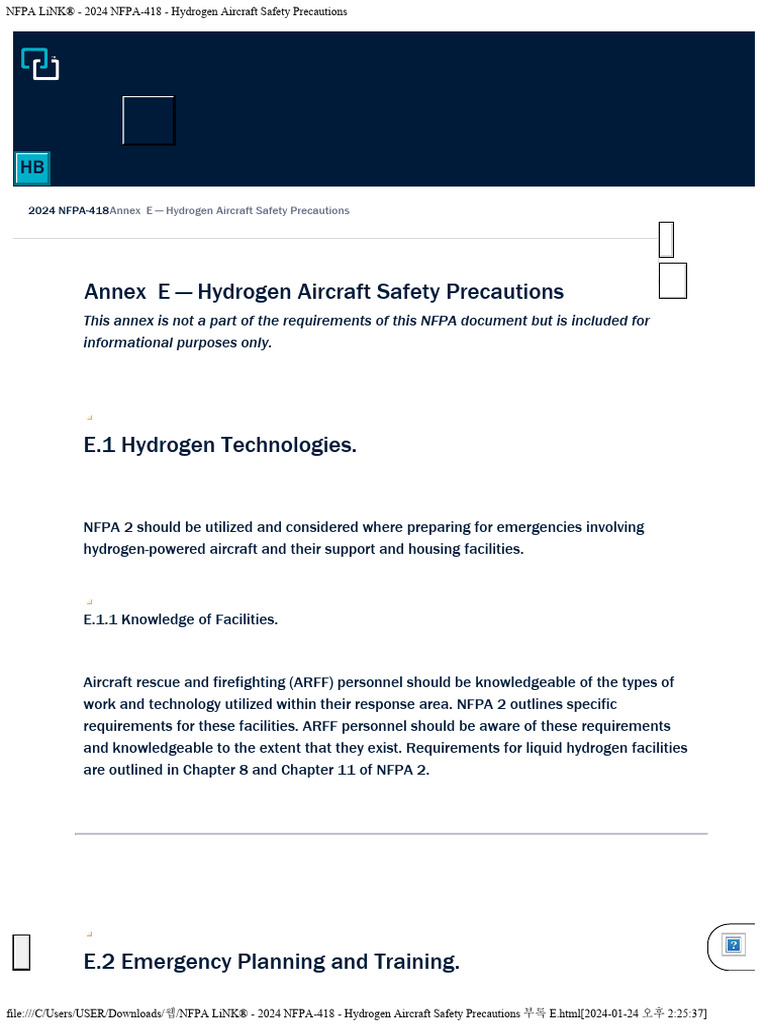 NFPA LiNK® - 2024 NFPA-418 - Hydrogen Aircraft Safety Precautions 부록 E ...