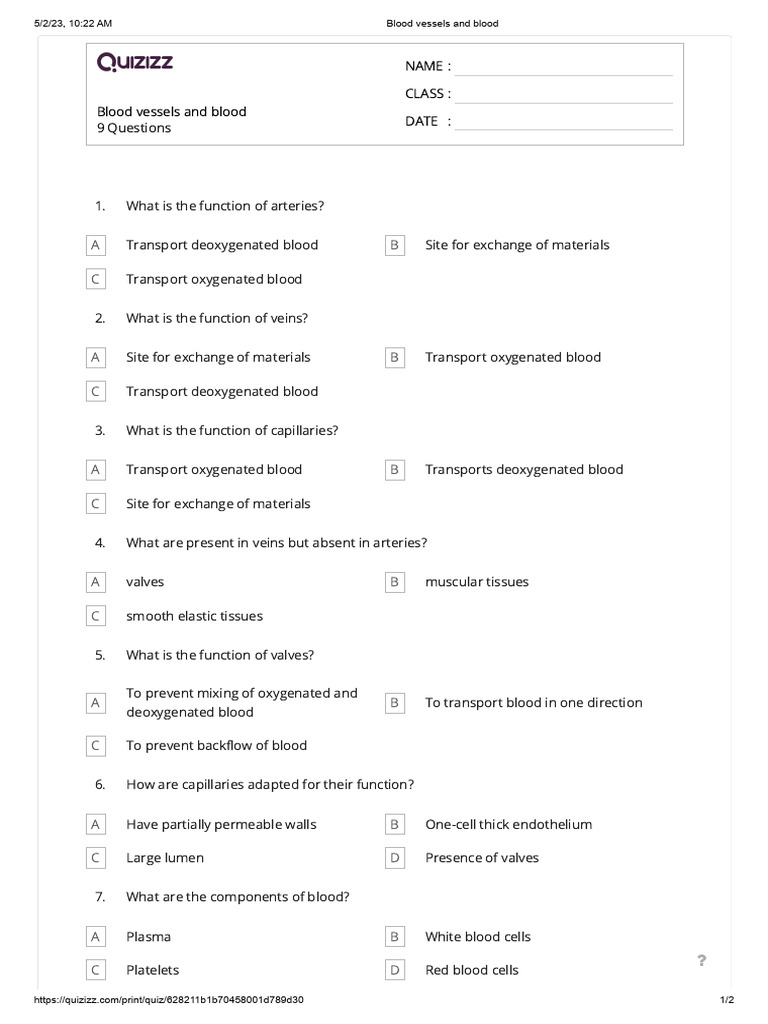 Blood Vessels and Blood Class Questions With Answers | PDF | Blood | Vein