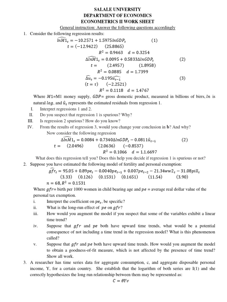Econometrics Ii Work Sheet Pdf Linear Regression Ordinary Least