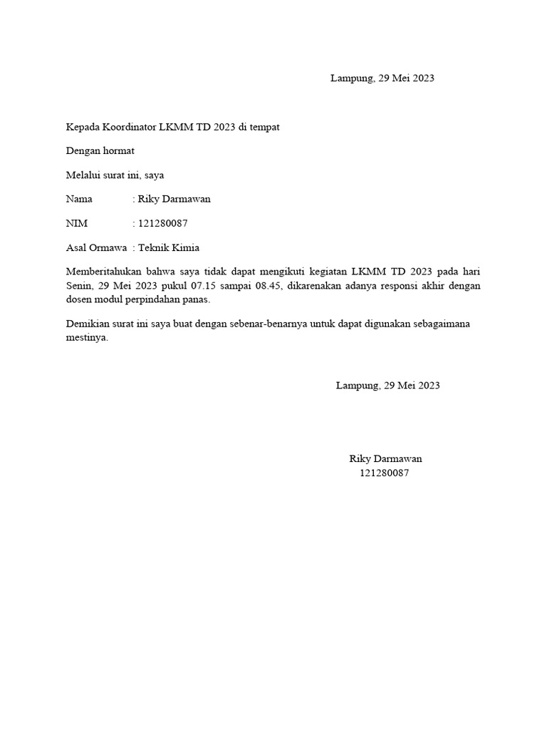 Surat Izin Tidak Mengikuti Kegiatan 1 LKMM-TD Iii - 29 Agustus 2023 | PDF