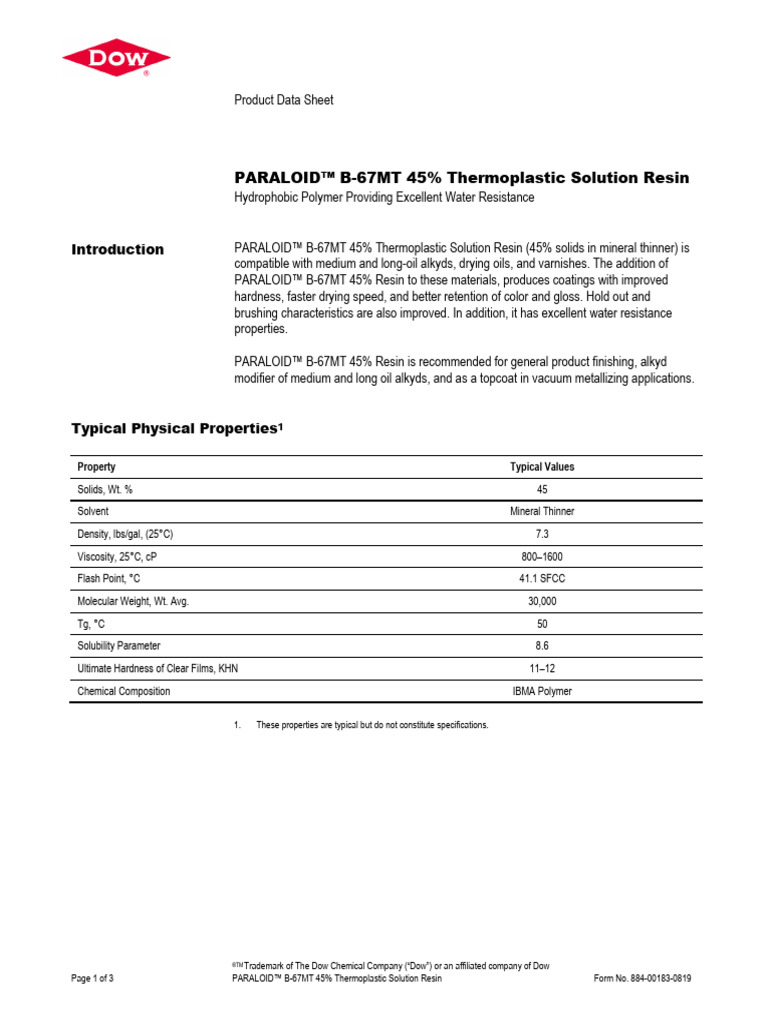 PARALOID™ B-67MT Product Data Sheet | PDF | Materials