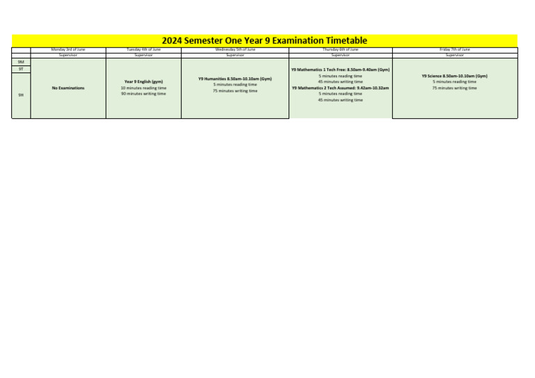 Year 9 Semester One Exam Timetable | PDF