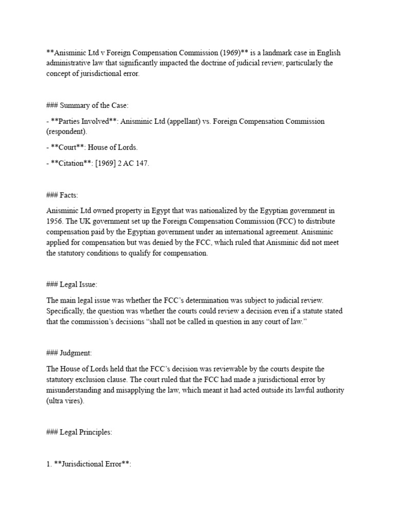 Anisminic LTD V Foreign Compensation Commission | PDF | Judicial Review ...