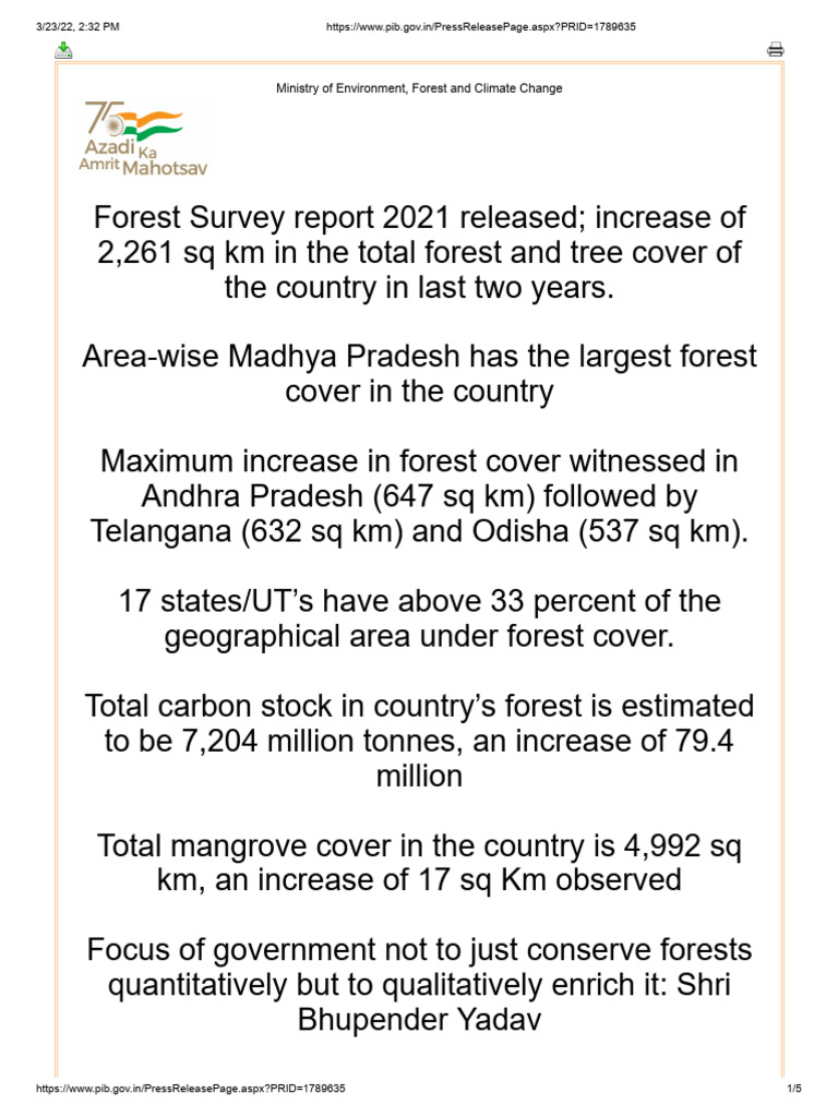 India Forest Survey 2021 Findings Released | PDF | Social Science ...