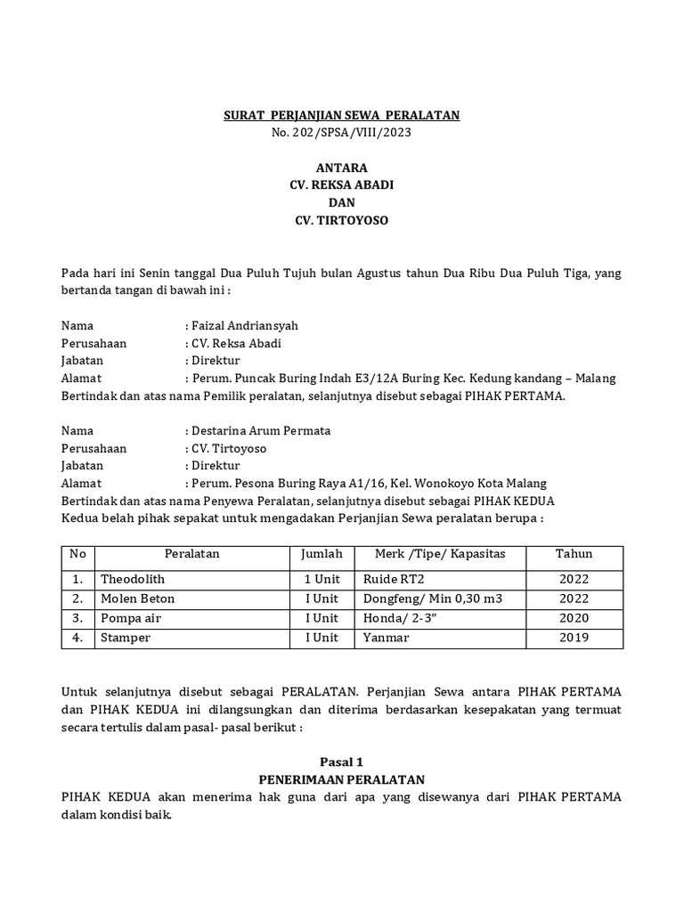 SP Sewa Alat Reksa 202 TY | PDF