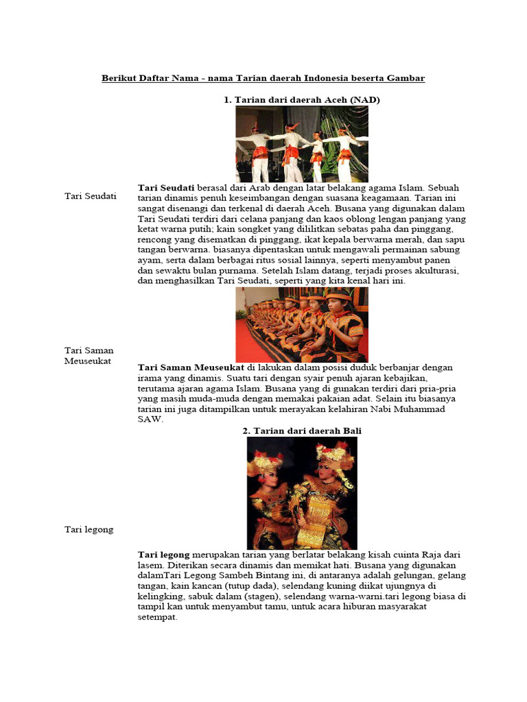Berikut Daftar Nama Tarian Di Indonesia | PDF