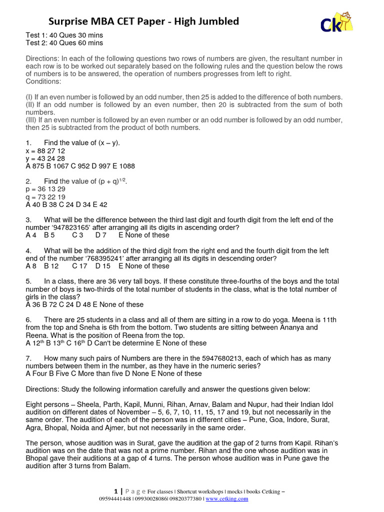 Expected MBA CET 2024 Paper High Jumbled Test 3 | PDF | Patient