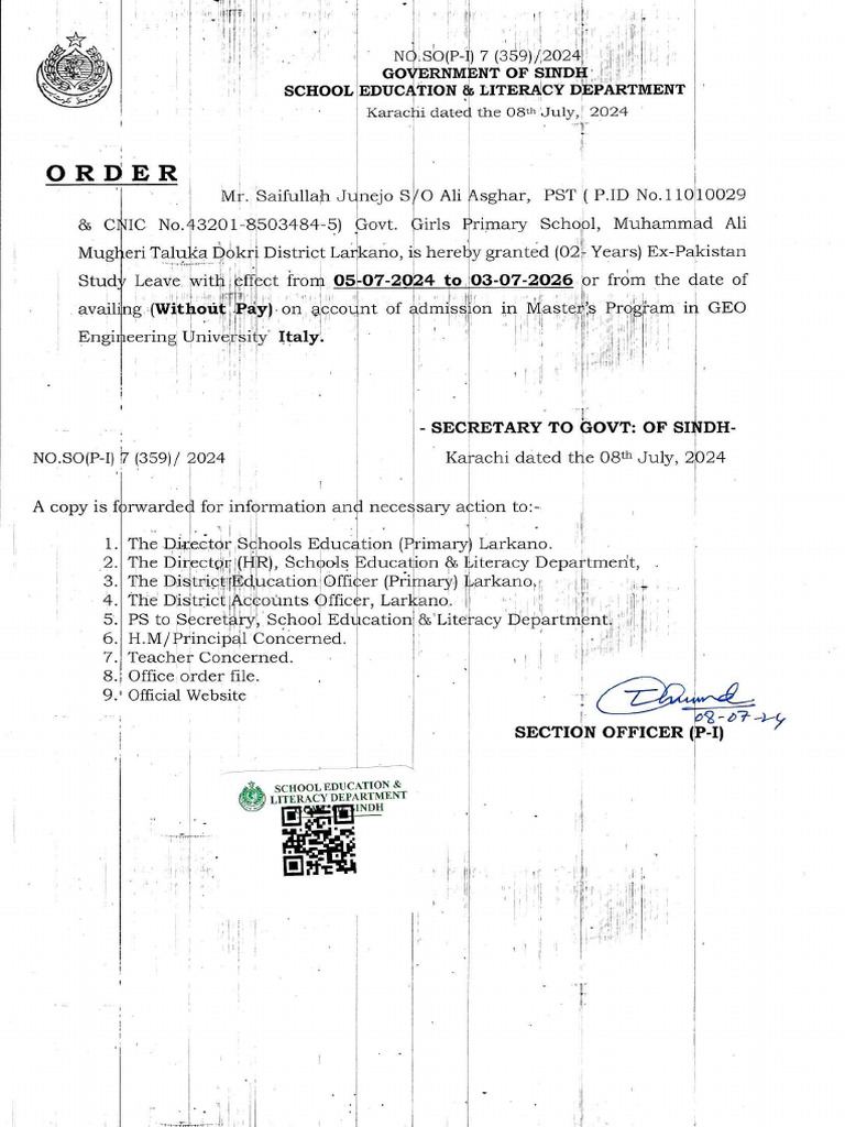 Order For Grant of 02-Years Ex-Pak Leave Study Leave (Without Pay) in ...