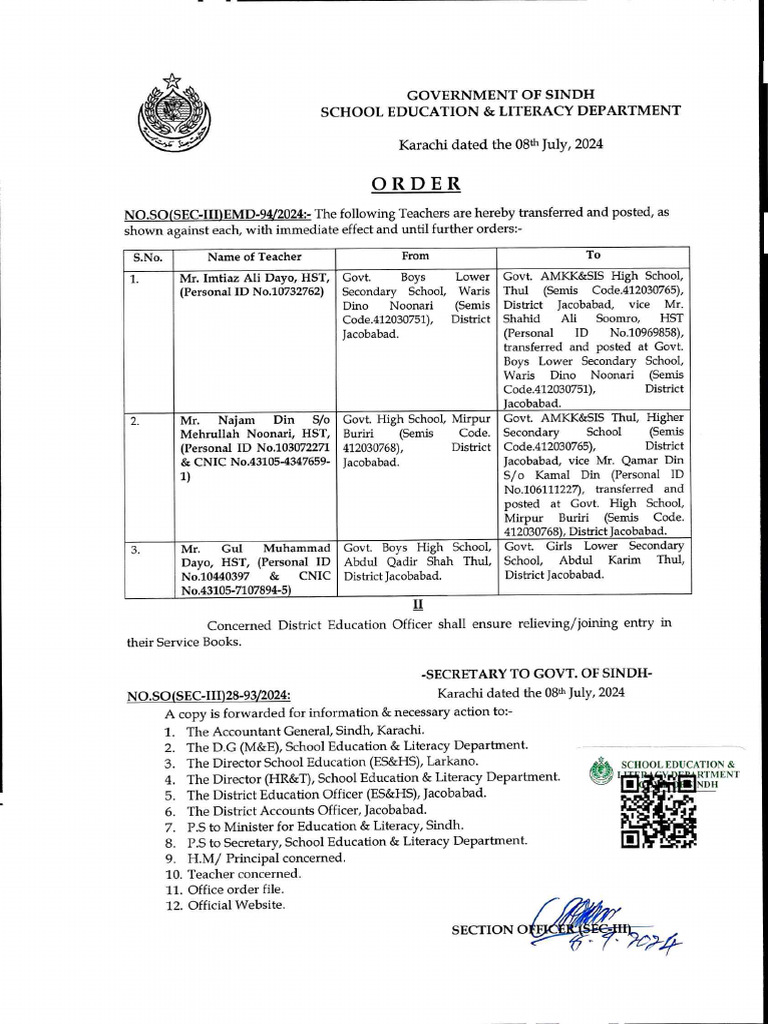 Order For Transfer and Posting in Respect of Mr. Imtiaz Ali Dayo, HST, PID NO.10732762 and 02 ...