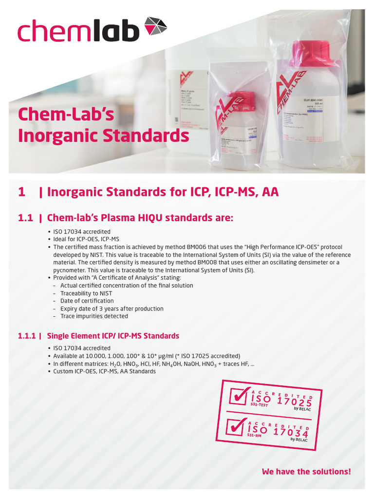 Flyer ICP - Inorganic Standards - 082022 - Chem-Lab | PDF | Ion | Salt (Chemistry)