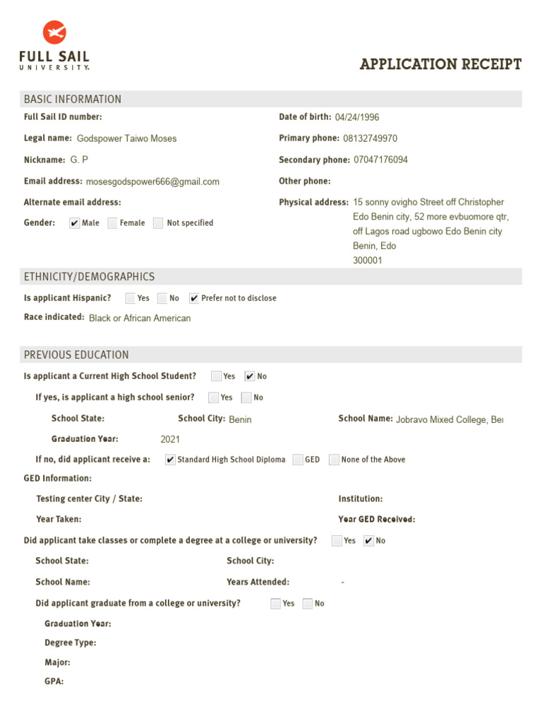 Full Sail University Application Form | PDF | General Educational ...