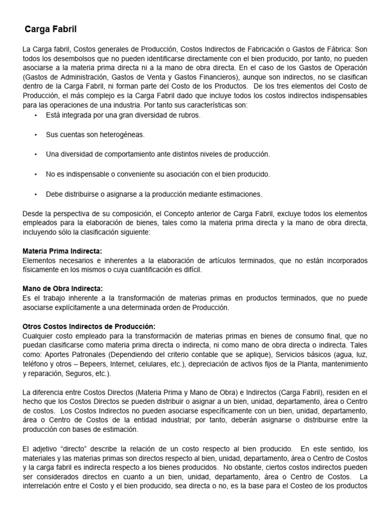 Conceptos Clave de Carga Fabril | PDF | Costo | Fábrica