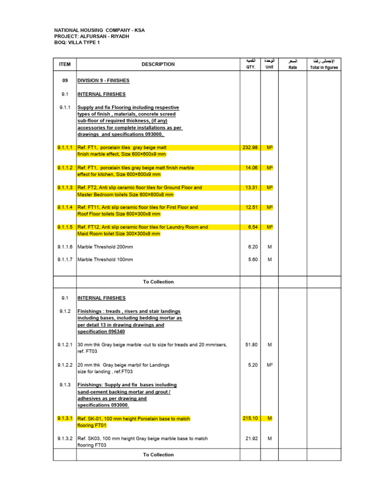 9 Boq Finishes | PDF | Wall | Tile