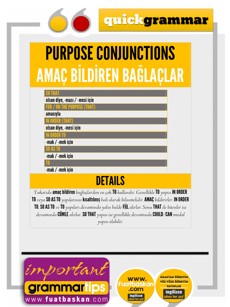 21 Purpose Conjunctions Amaç Bi̇ldi̇ren Bağlaçlar | PDF