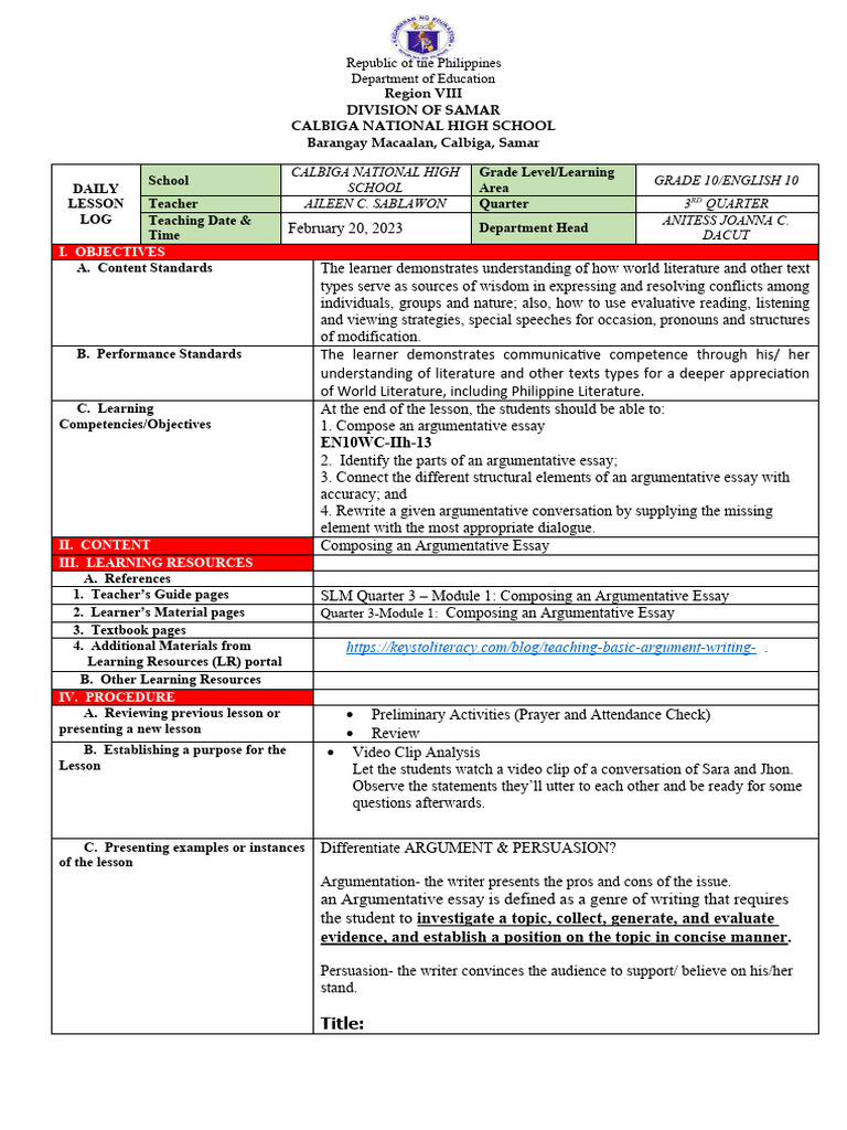 LP For COT 1 3rd Quarter | PDF | Essays | Argument