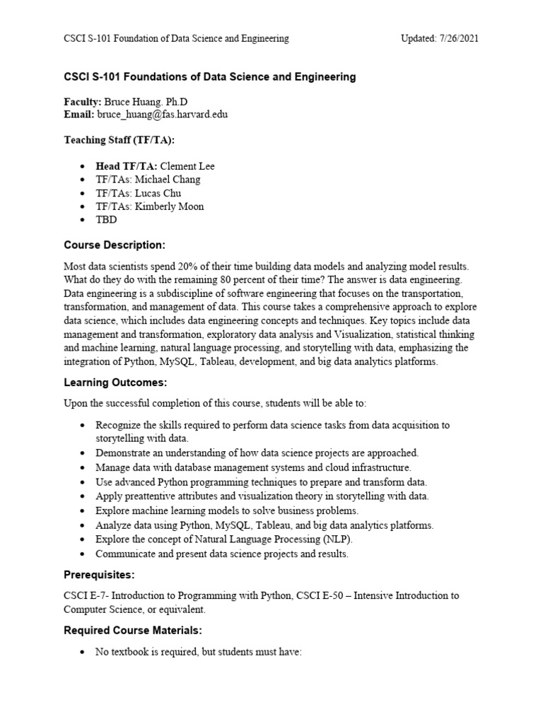 CSCI S-101 Data Science & Engineering Syllabus | PDF | Data Science ...