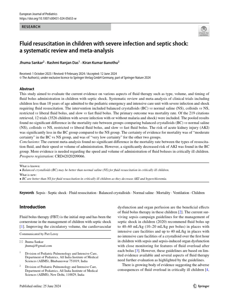 Fluid Resuscitation in Children With Severe Infection and Septic Shock ...