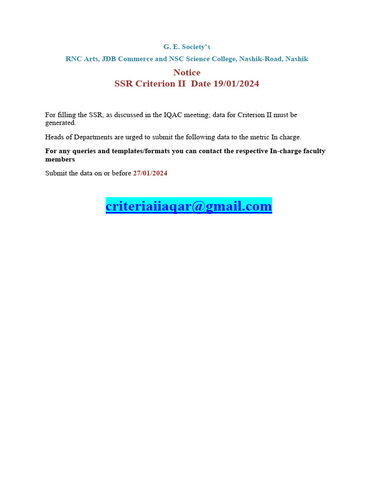 SSR Criteria II Data NOTICE 19 01 2024 | PDF | Mentorship | Cognition