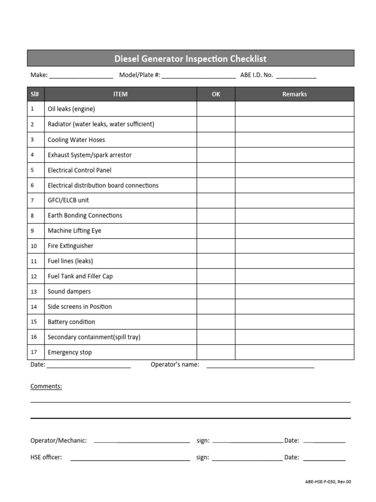 Diesel Generator Inspection Checklist | PDF | Computers
