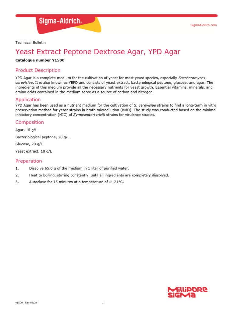 y1500 YPD Agar-ms | Download Free PDF | Yeast | Growth Medium