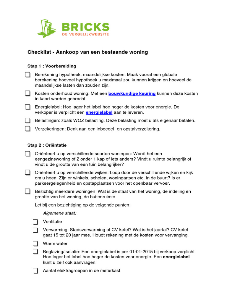 Bricks Checklist Aankoop Van Een Bestaande Woning | PDF