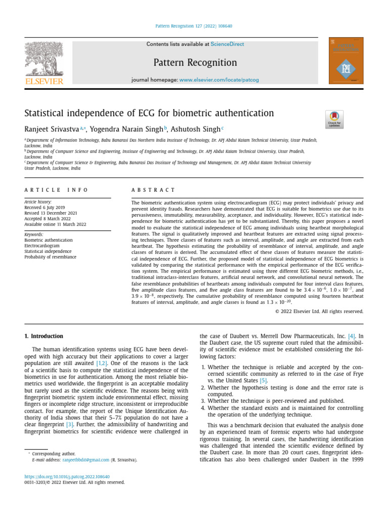 R5 Statistical Independence Of Ecg For Biometric Authentication Pdf