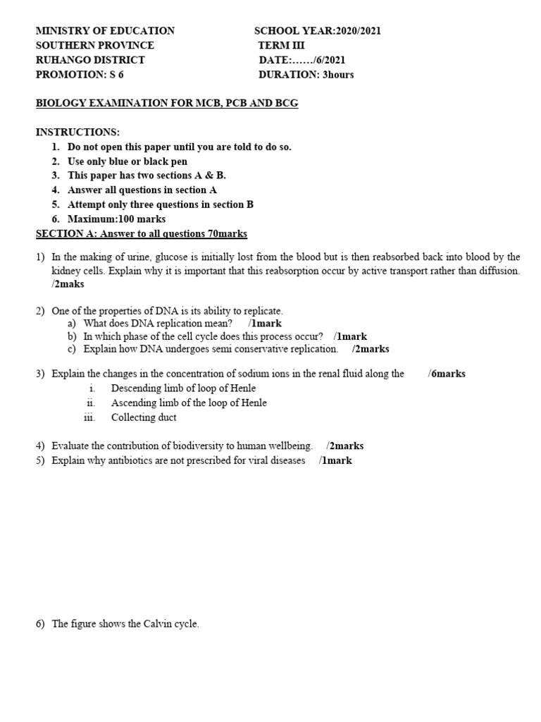 Biology Examination of The Third Term 2021 For S6 | PDF | Membrane ...