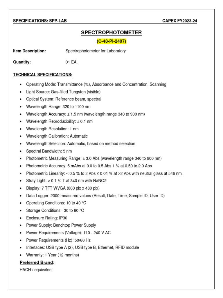 Specifications - Spectrophotometer | PDF | Spectrophotometry | Atomic