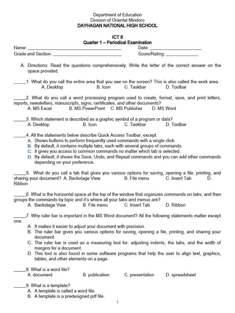ICT - 8 - Q1 - Periodical Test | PDF | Microsoft Word | Computer File