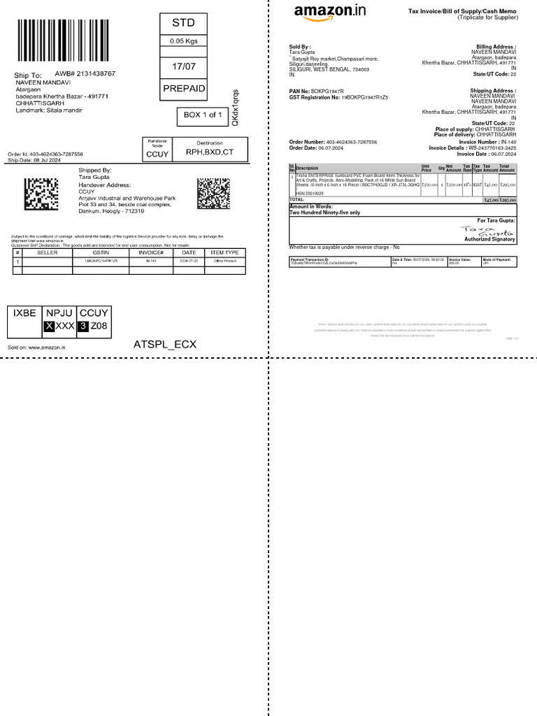 Amazon (7.7.24) Sunboard 6x6x16 | PDF | Invoice | Market (Economics)