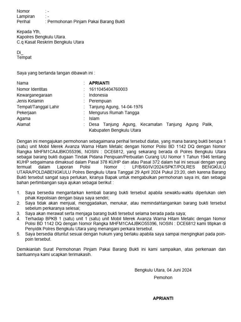 Surat Permohonan Pinjam Pakai Barang Bukti | PDF