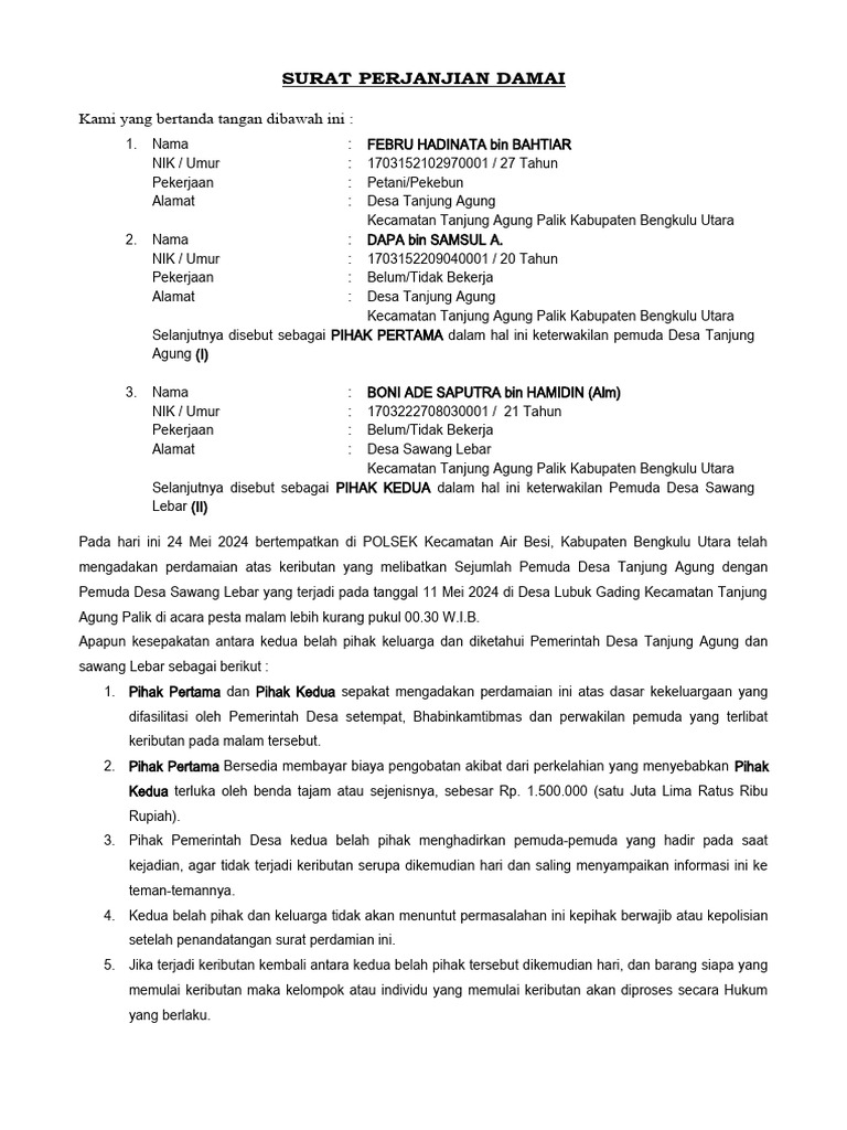 Surat Perjanjian Damai Perkelahian | PDF