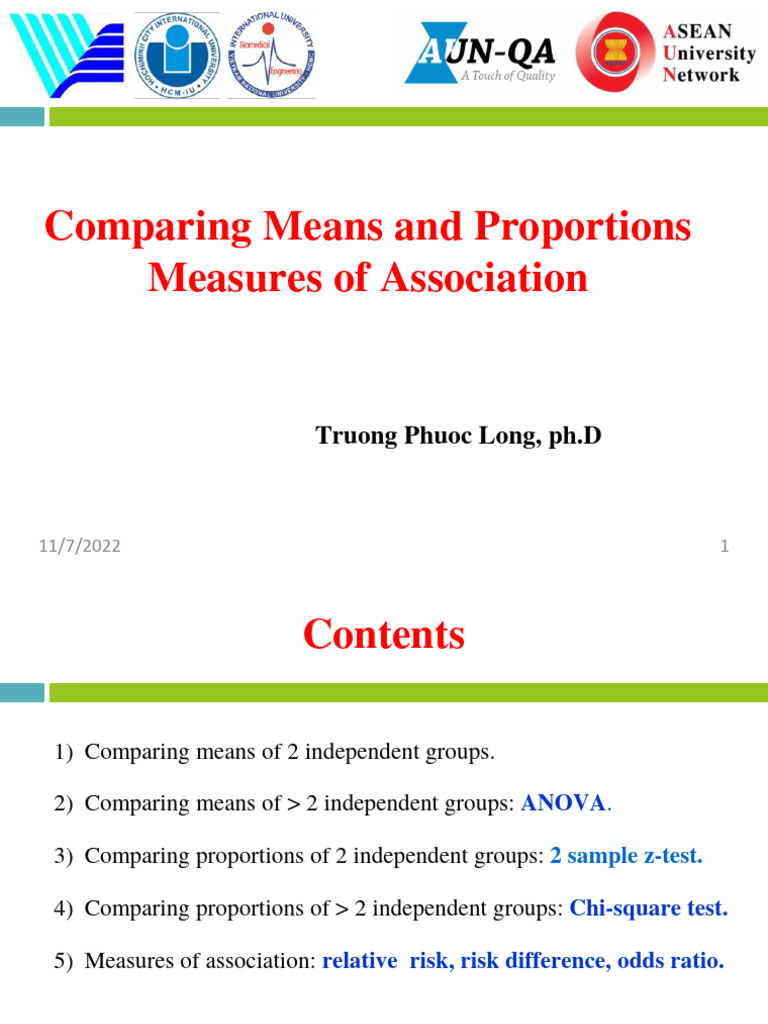 Comparing Means and Proportions Measures of Association | PDF ...