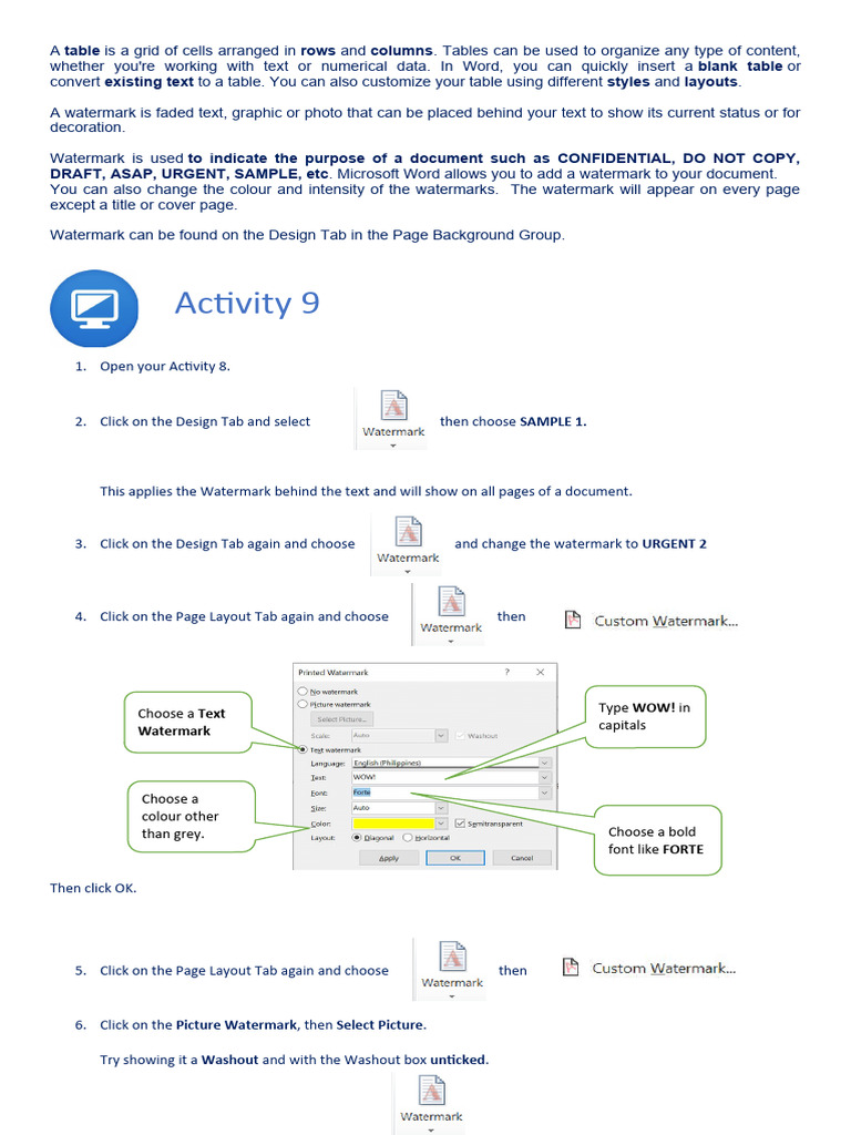 Watermark and Hyperlink - Activity 9 & 10 | PDF | Hyperlink | Page Layout