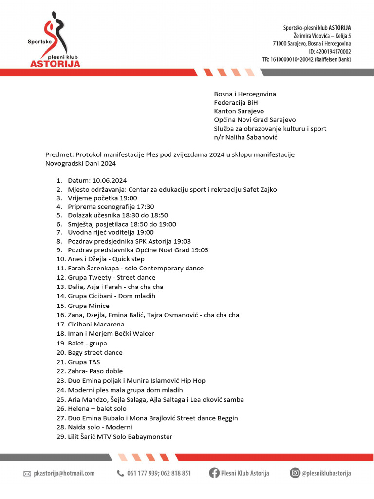 Protokol Manifestacije Ples Pod Zvijezdama 2024 | PDF