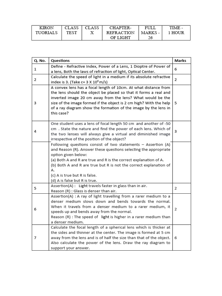 Class 10 Refractive Index Questions | PDF | Refractive Index | Refraction