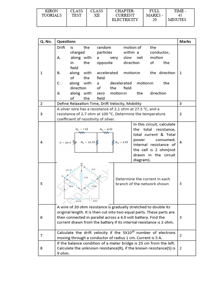 Class 12 Current Electricity Test | PDF | Electrical Resistivity And ...