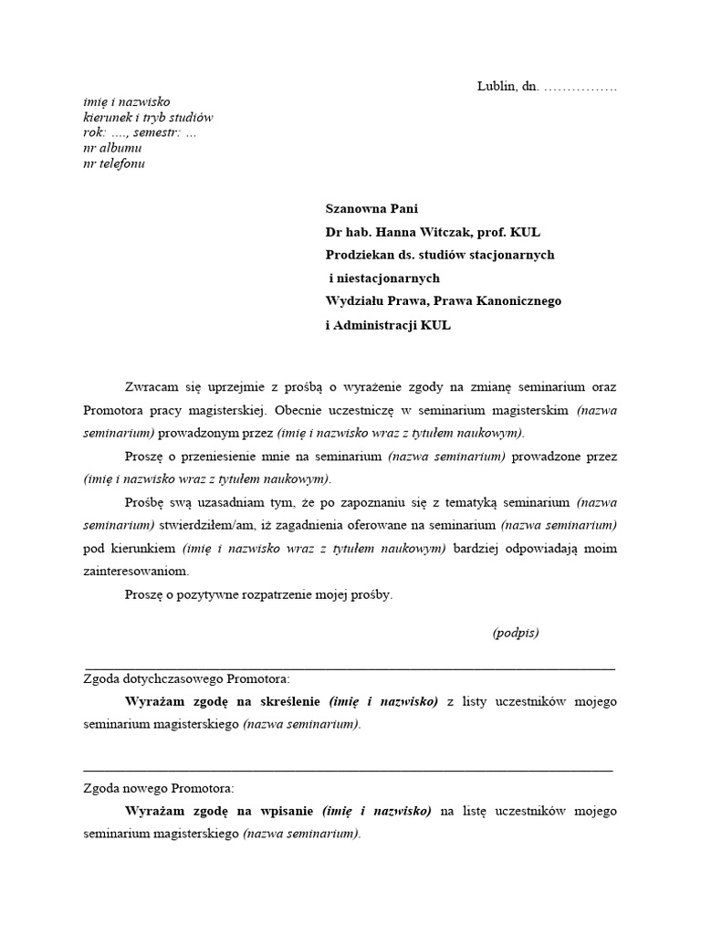 Podanie o Zmiane Seminarium | PDF