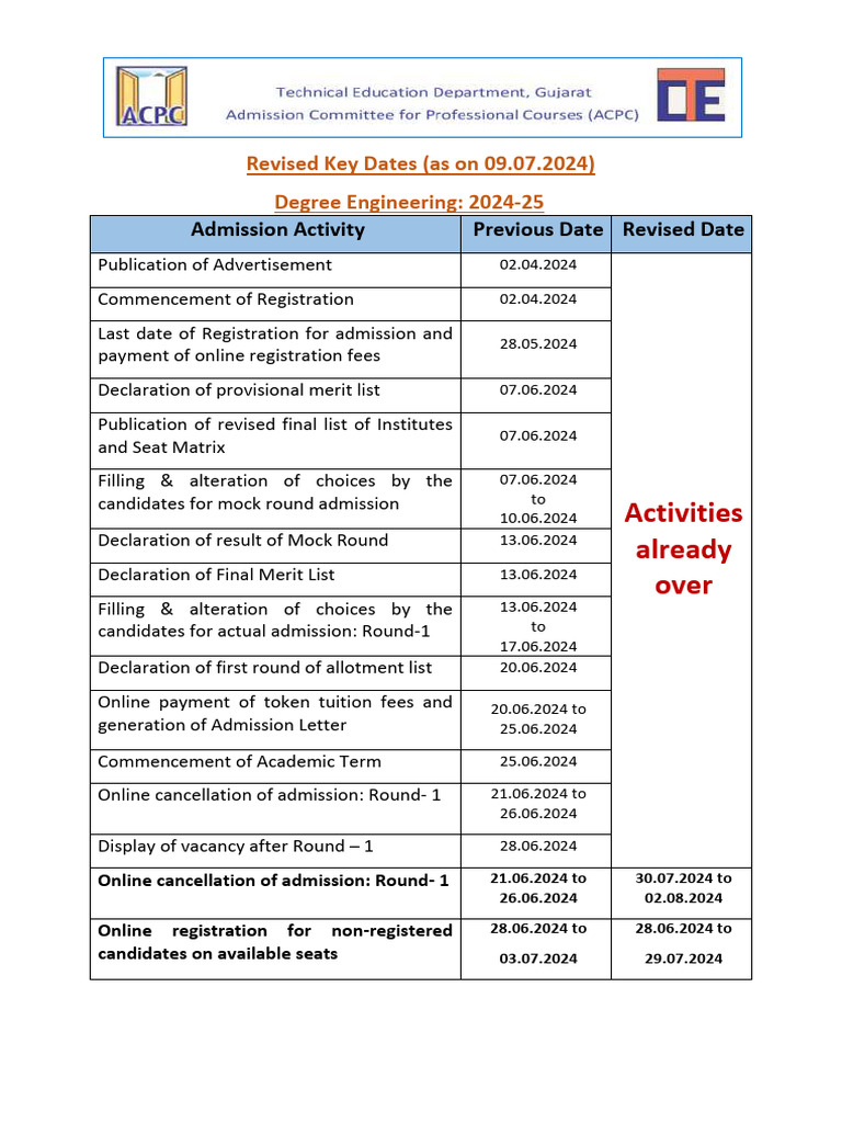 Revised Engineering Admission Dates 2024 | PDF | Educational Stages
