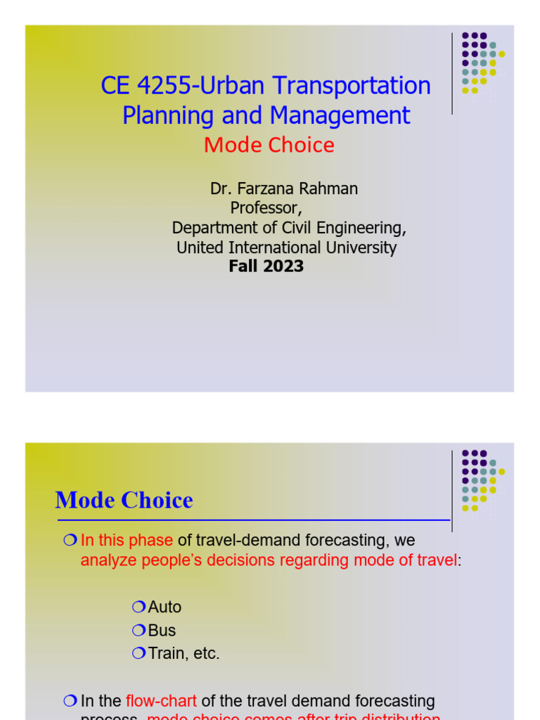 CE 4255 - Transportation Planning and Management Lec9 Mode Choice ...