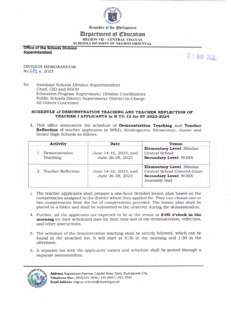 DM No. 383 S. 2023 Schedule of Demonstration Teaching and Teacher ...