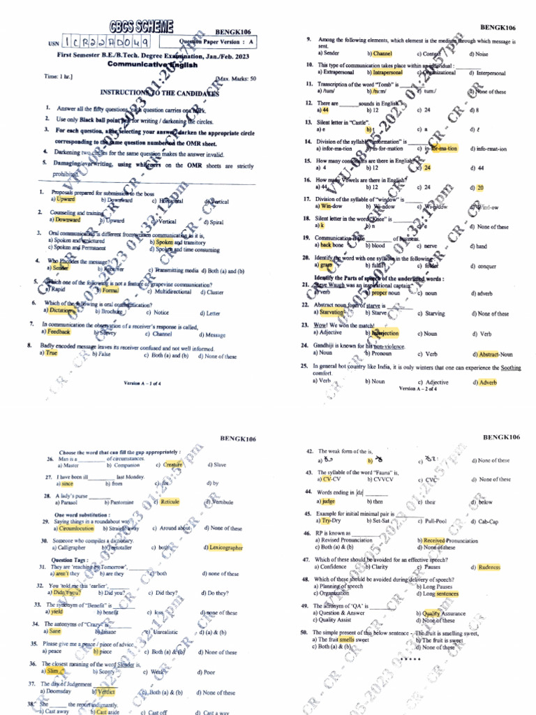 VTU Exam Question Paper With Solution of BENGK106 Communicative English ...