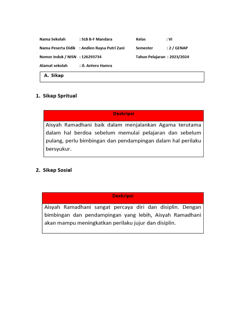 Rapor Kelas 6 B Semester 2 | PDF