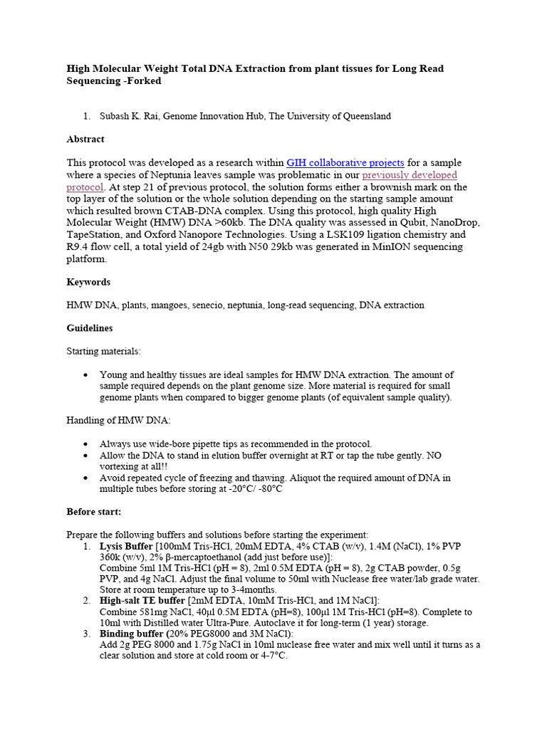 High Molecular Weight Total DNA Extraction from plant tissues for Long Read Sequencing -Forked ...