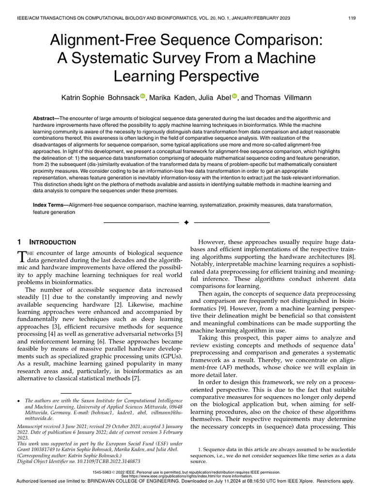 Alignment-Free Sequence Comparison A Systematic Survey From A Machine Learning Perspective | PDF ...