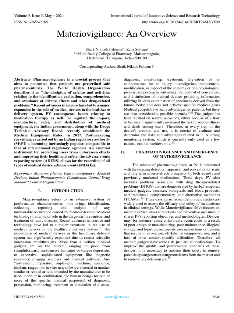 Materiovigilance: An Overview | PDF | Medical Device | Pharmacovigilance